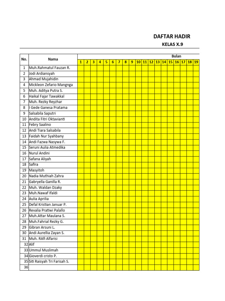 Daftar Hadir Kelas X.9 Lengkap | PDF
