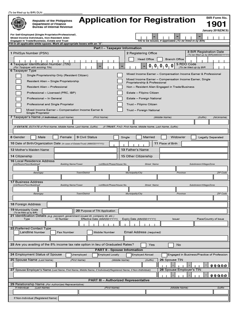 BIR Form No. 1901 Application For Registration | PDF | Taxes | Receipt