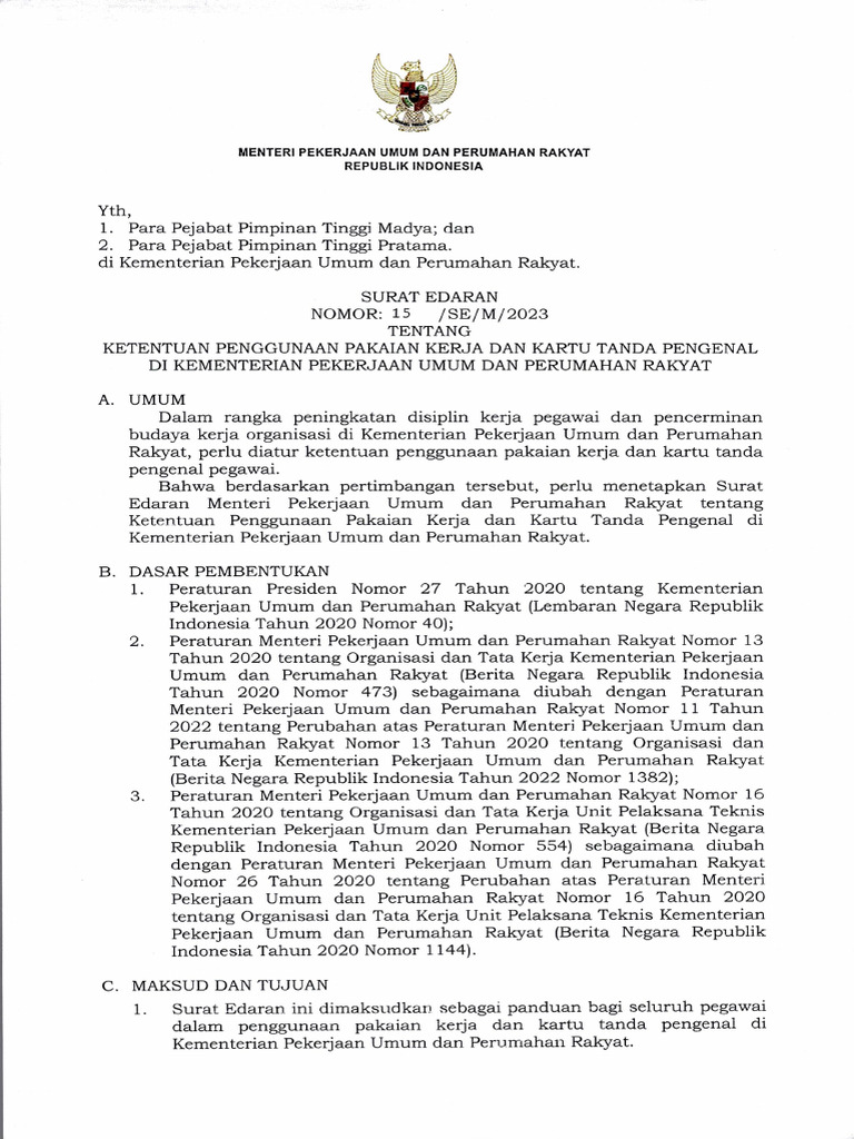 Se Pupr Nomor 15 Tahun2023 TTG Ketentuan Penggunaan Pakaian Kerja Dan ...