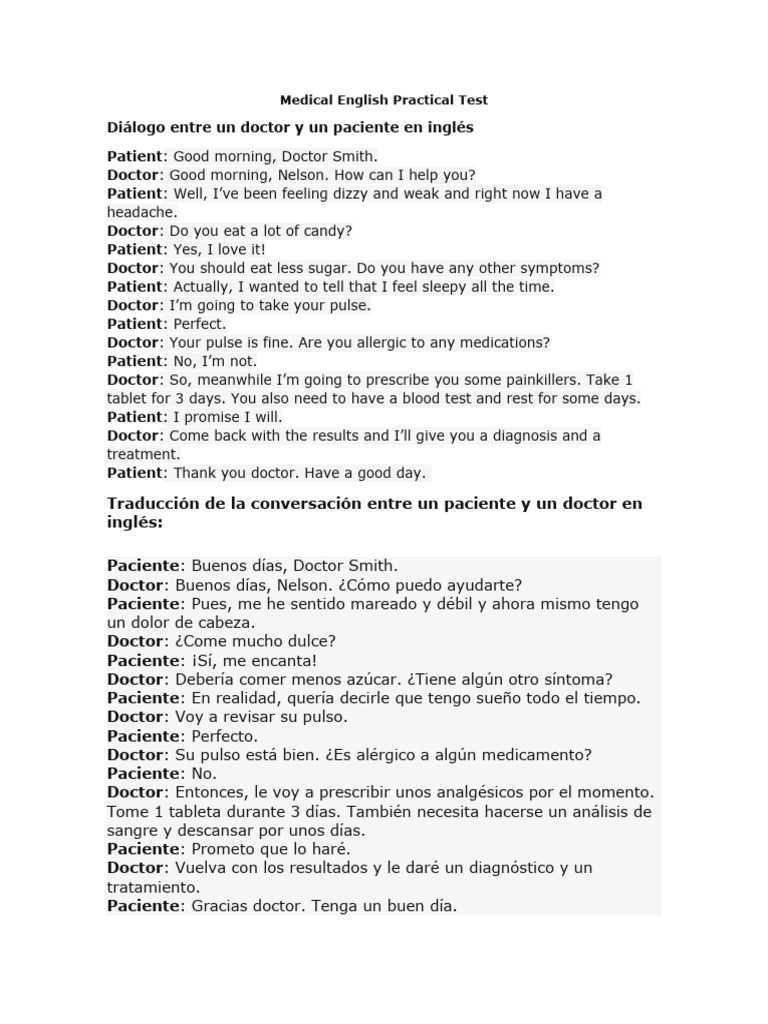 Diálogo Médico en Inglés: Paciente y Doctor | PDF