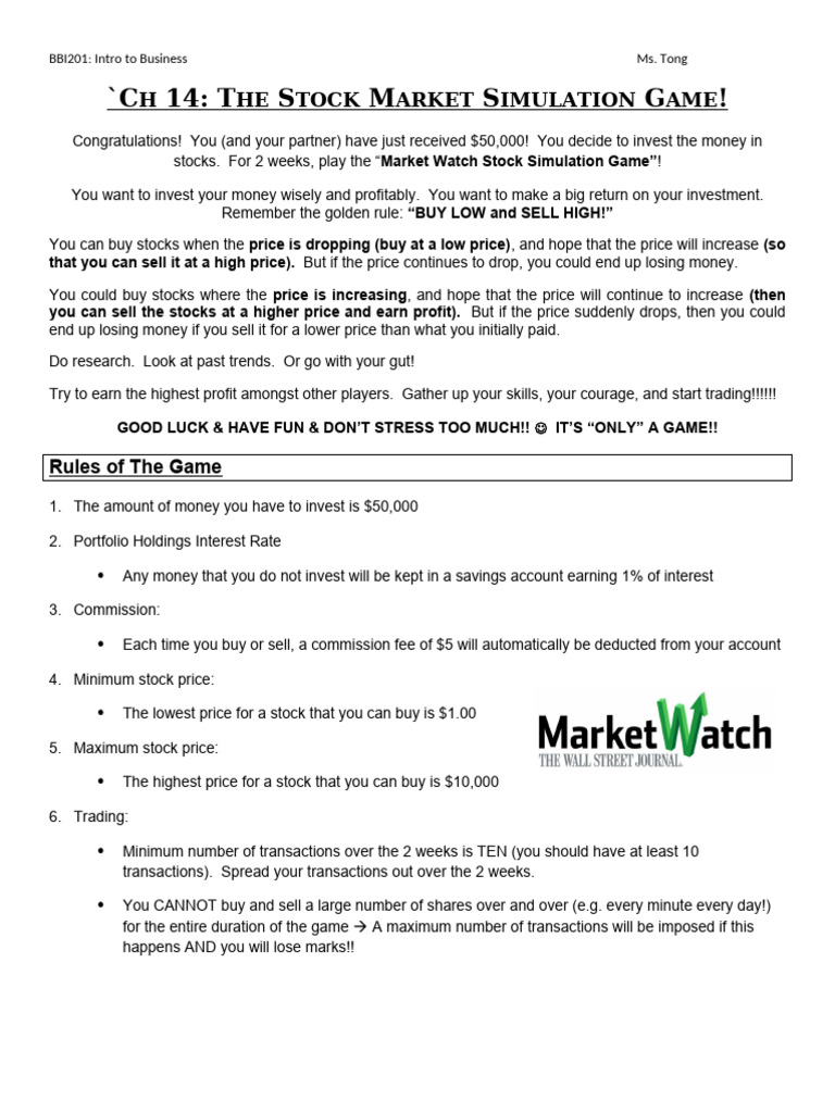 Business Course - Stock Market Simulation Game | PDF