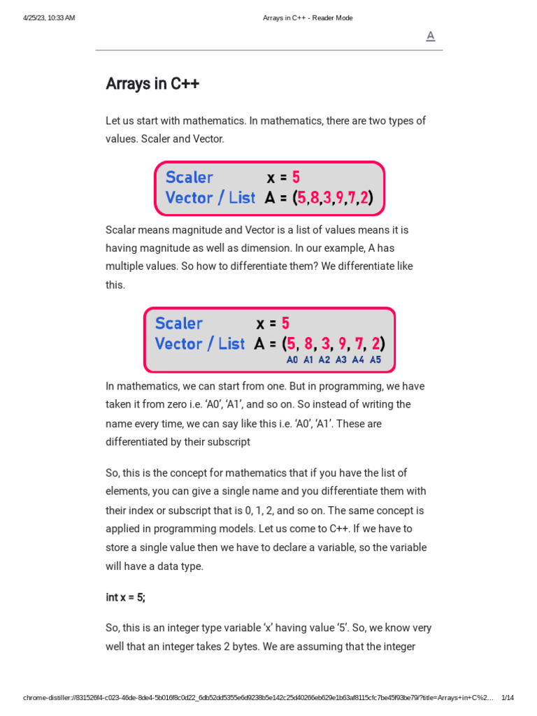 Arrays in C++ - Reader Mode | PDF | Variable (Computer Science) | Computer Science