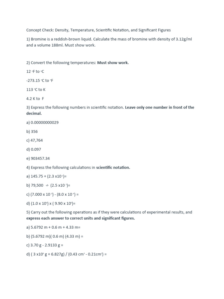 Concept Check Density, Temperature, Scientific Notation, and Significant Figures | PDF