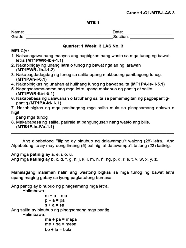 Grade 1-Q1-MTB-LAS-Week-3 | PDF