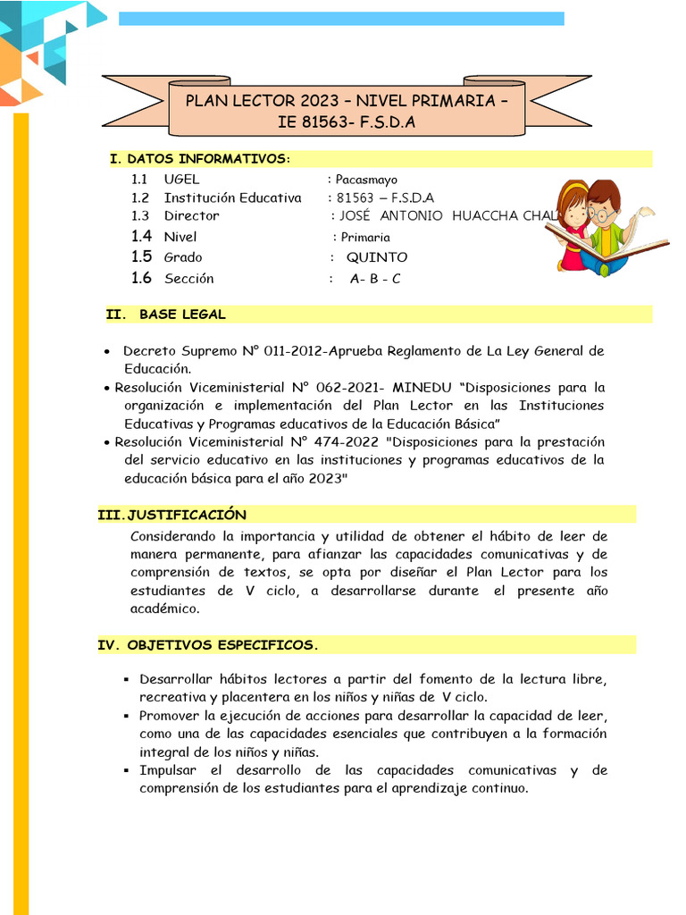 Plan Lector 5°a | PDF | Educación primaria | Comprensión lectora