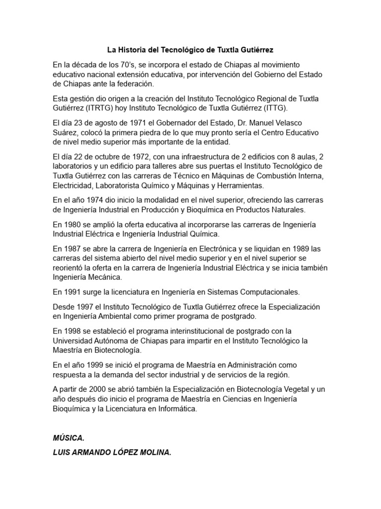La Historia Del Tecnológico de Tuxtla Gutiérrez | PDF