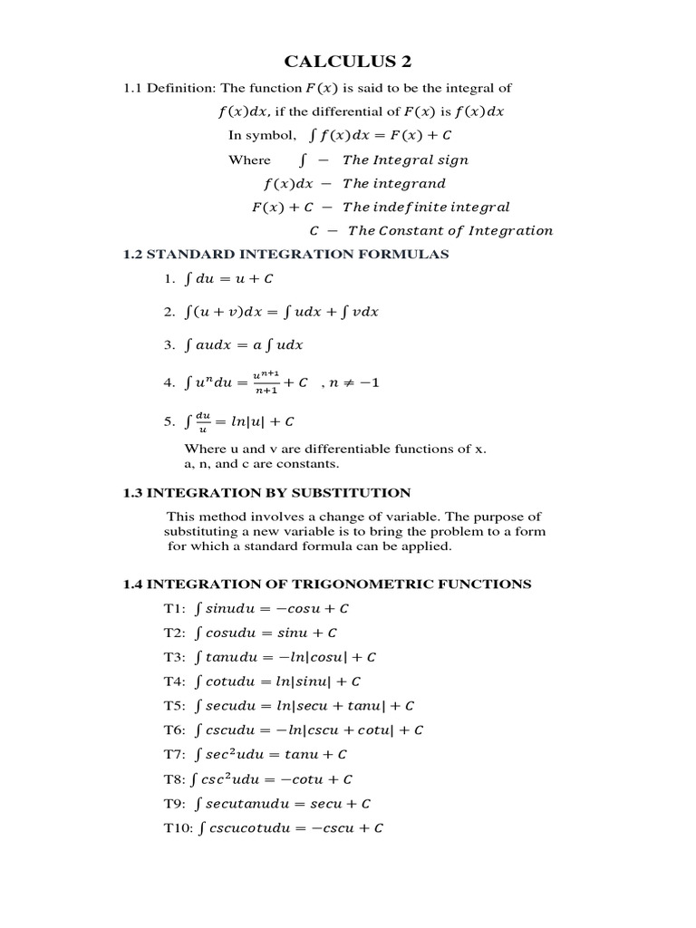 CALCULUS 2 Formulas | PDF | Trigonometric Functions | Integral