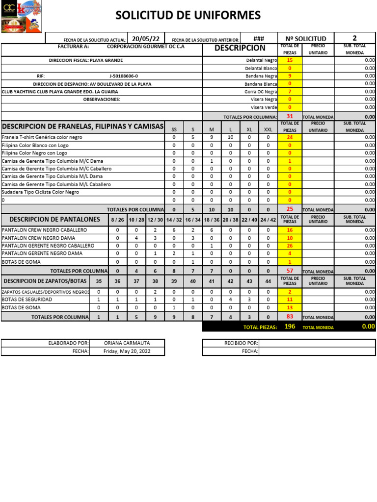 Planilla de Pedido de Uniformes INEA-PGYC | PDF