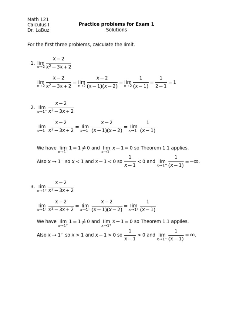 Practice Problems For Exam 1 Solutions | PDF | Mathematical Objects ...