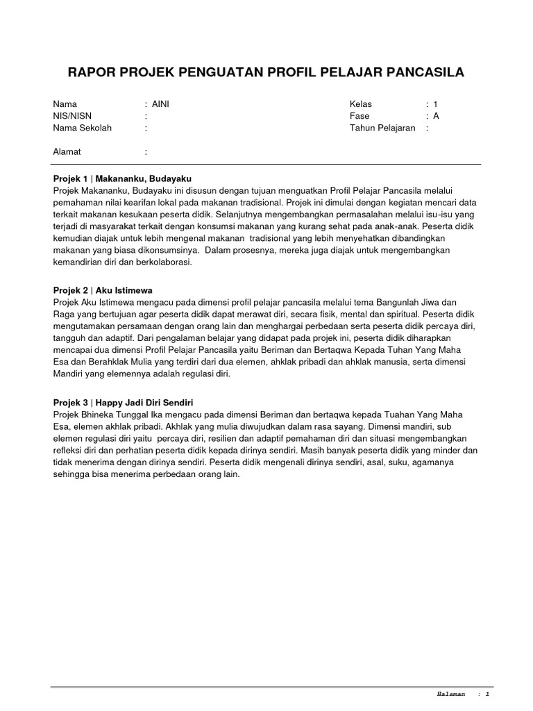 RAPOR P5 KLS Ia | PDF | Pengembangan Diri | Kesehatan Holistik