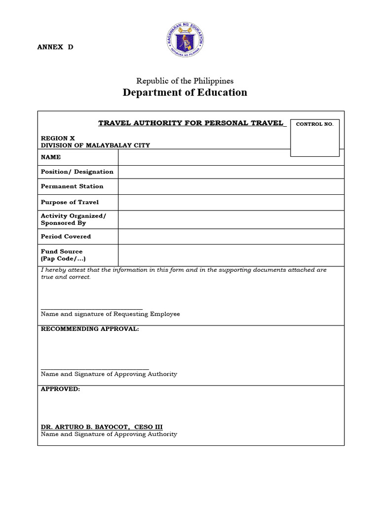 Annex D Travel Authority For Personal Travel | PDF