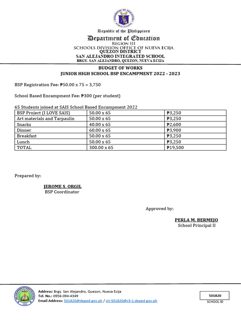 Junior High School BSP Encampment Budget | PDF