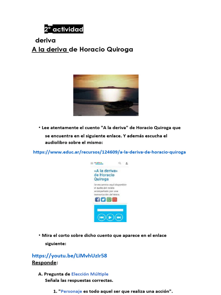 A LA DERIVA de Horacio Quiroga 2023 2 | PDF