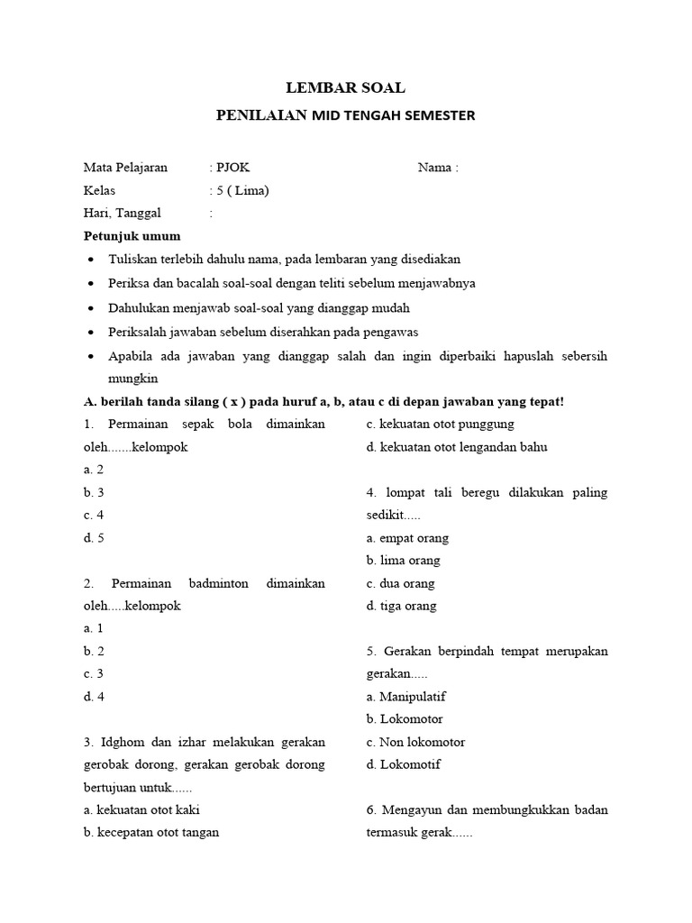Soal Penilaian Mid Tengah Semester Pjok | PDF