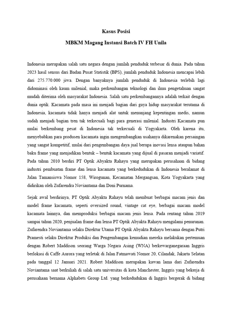 Kasus Posisi MBKM FH Unila Batch IV | PDF