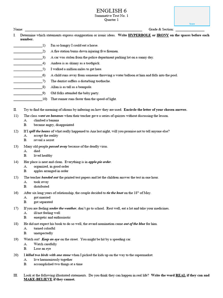 English 6 - Q1 - ST1 | PDF