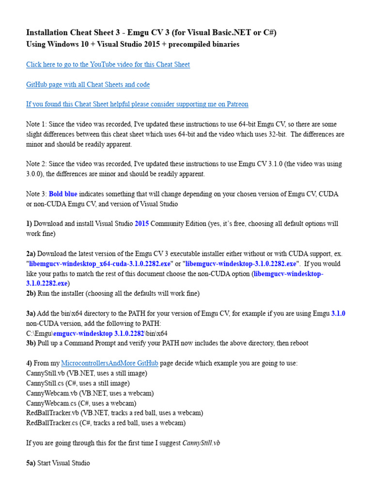 Installation Cheat Sheet 3 - Emgu CV 3 (For Visual Basic - NET and C#) | PDF | 64 Bit Computing ...