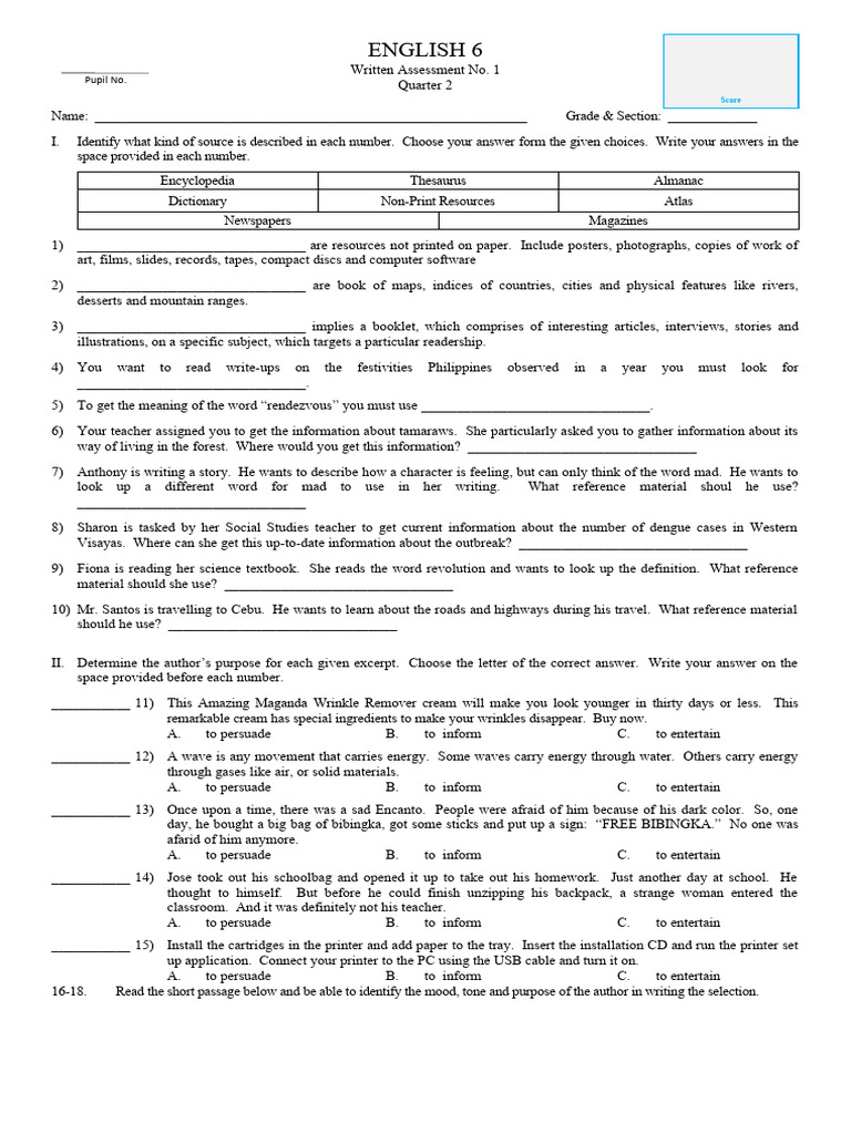 ENGLISH 6 - Q2 - ST1 Updated | PDF