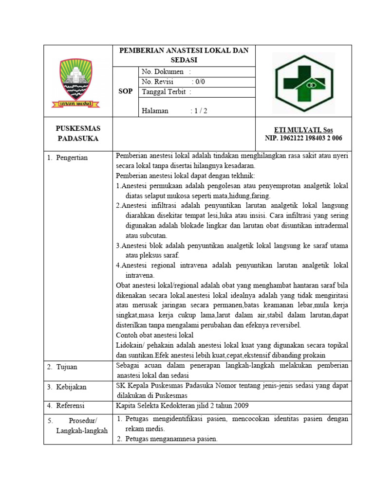 Sop Pemberian Anastesi Lokal | PDF