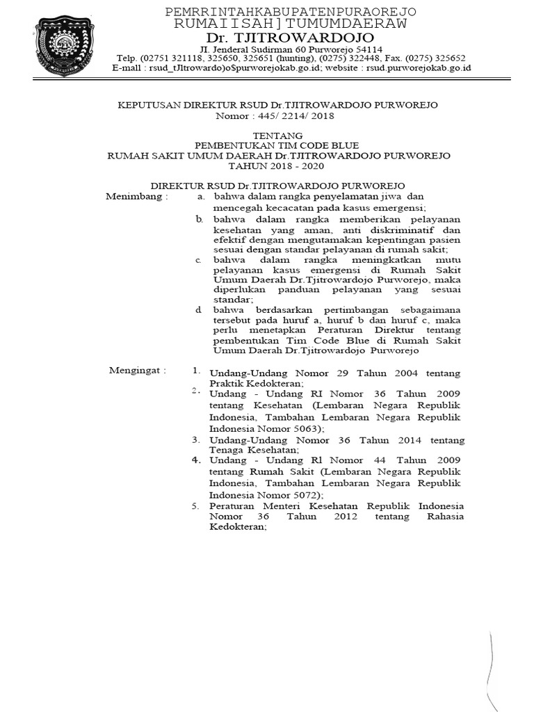 SK Pembentukan Tim Code Blue Tahun 2018 | PDF