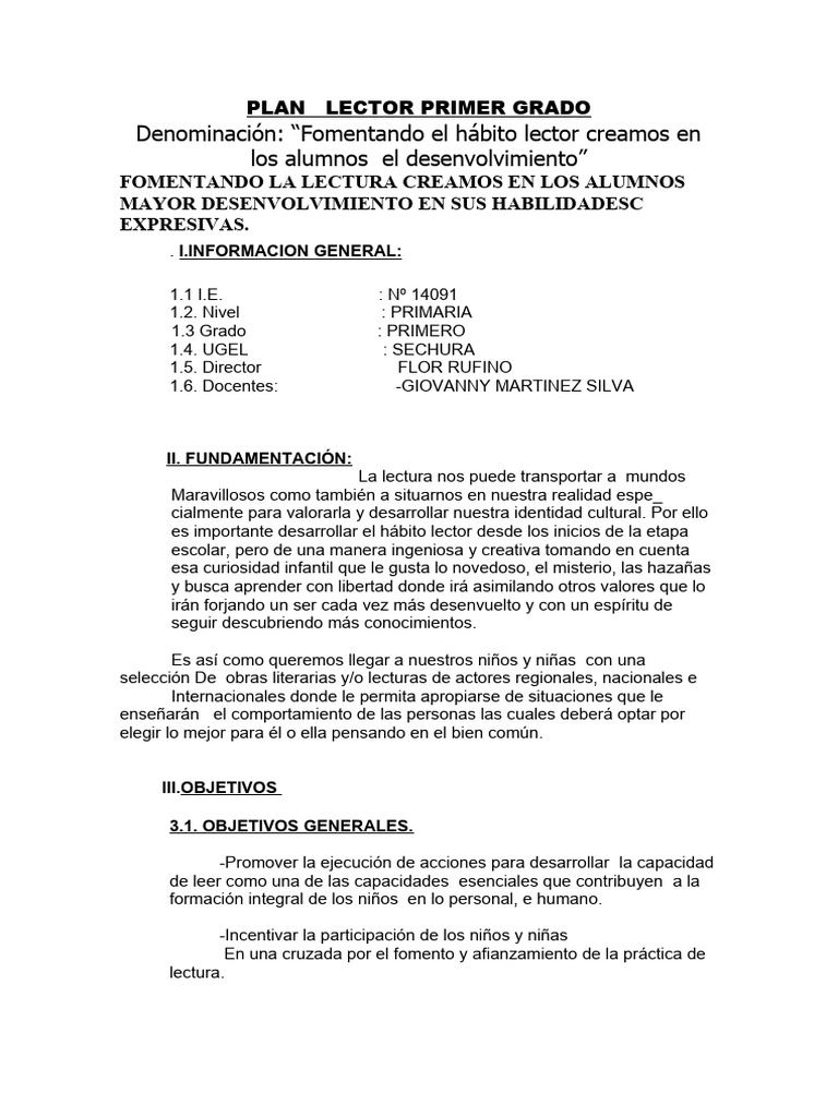 Plan Lector Primero 2022 Para Imprimir | PDF | Evaluación | Aprendizaje