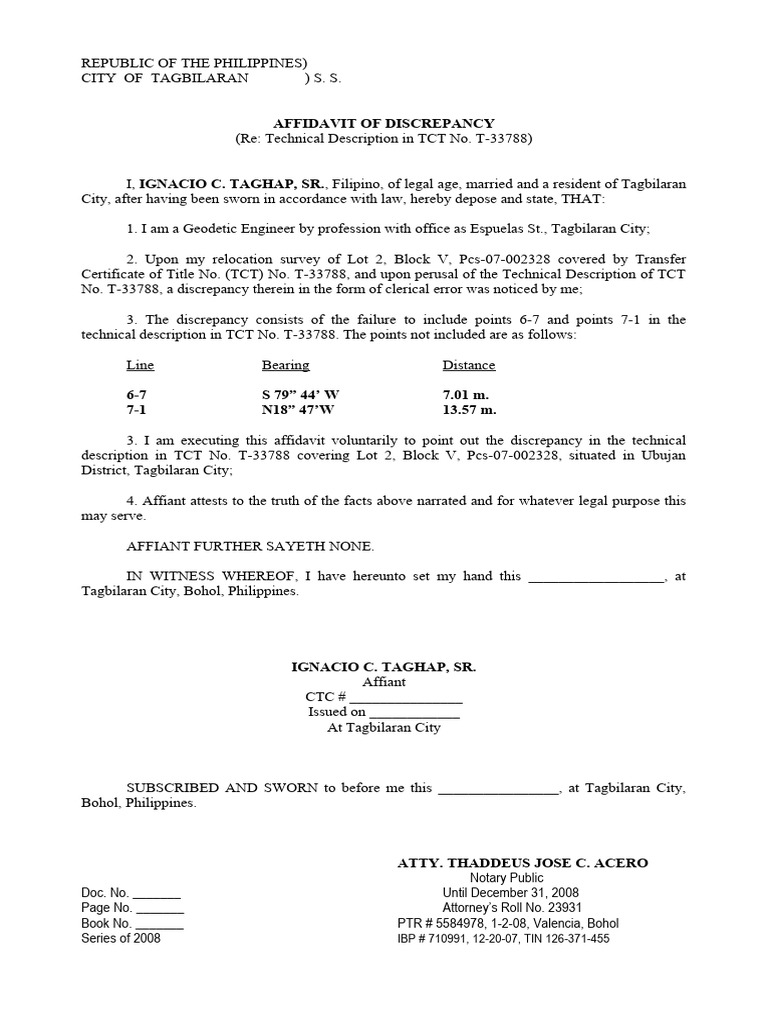 Affidavit of Discrepancy in TCT No. T-33788 | PDF
