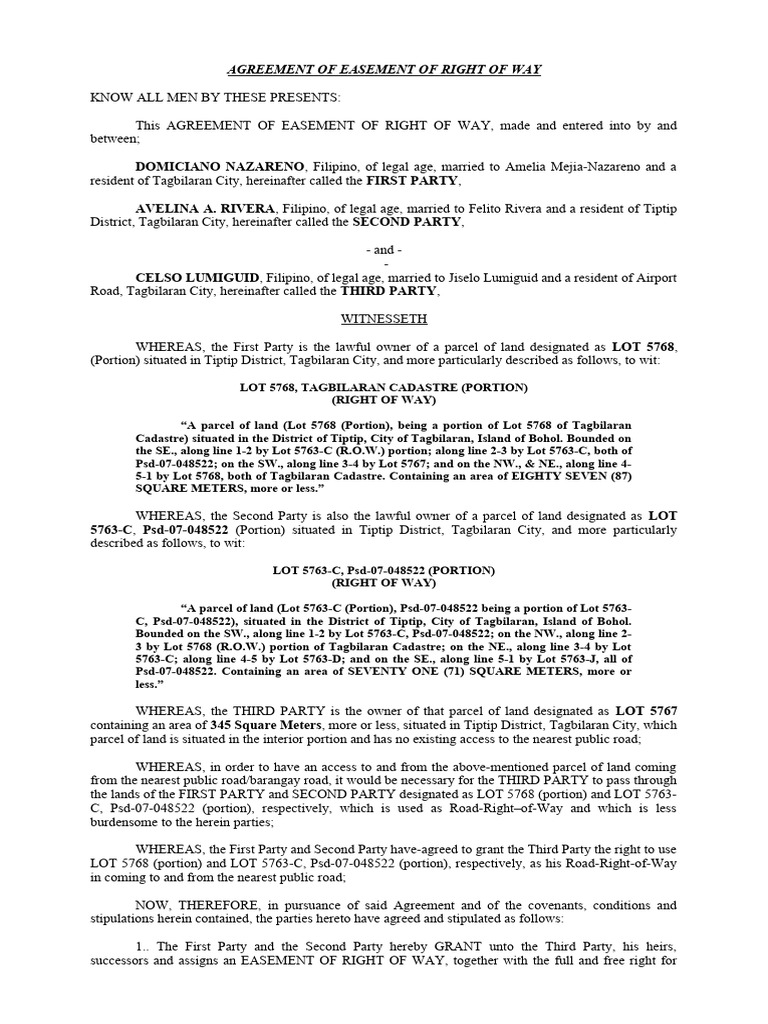 Agreement of Easement of Right of Way | PDF | Easement | Private Law