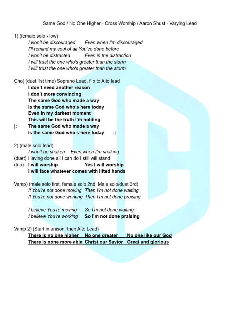 Same God / No One Higher Lyrics | PDF | Theology | Religious Belief And ...