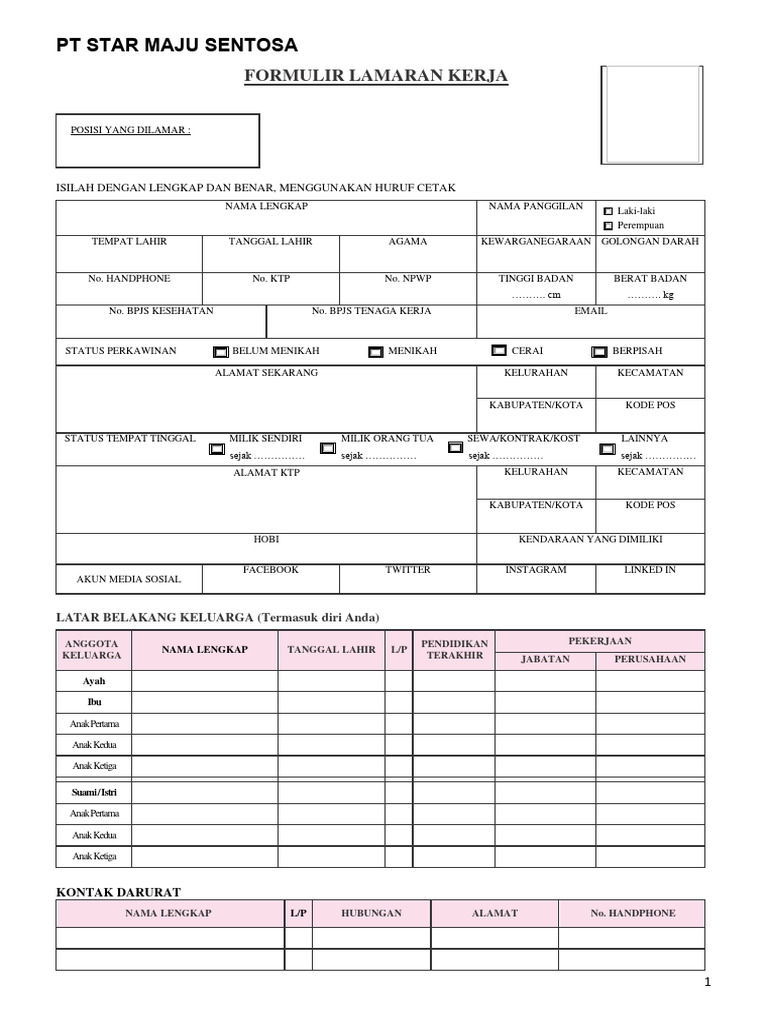 Form Isian Data Diri Karyawan - Star | PDF