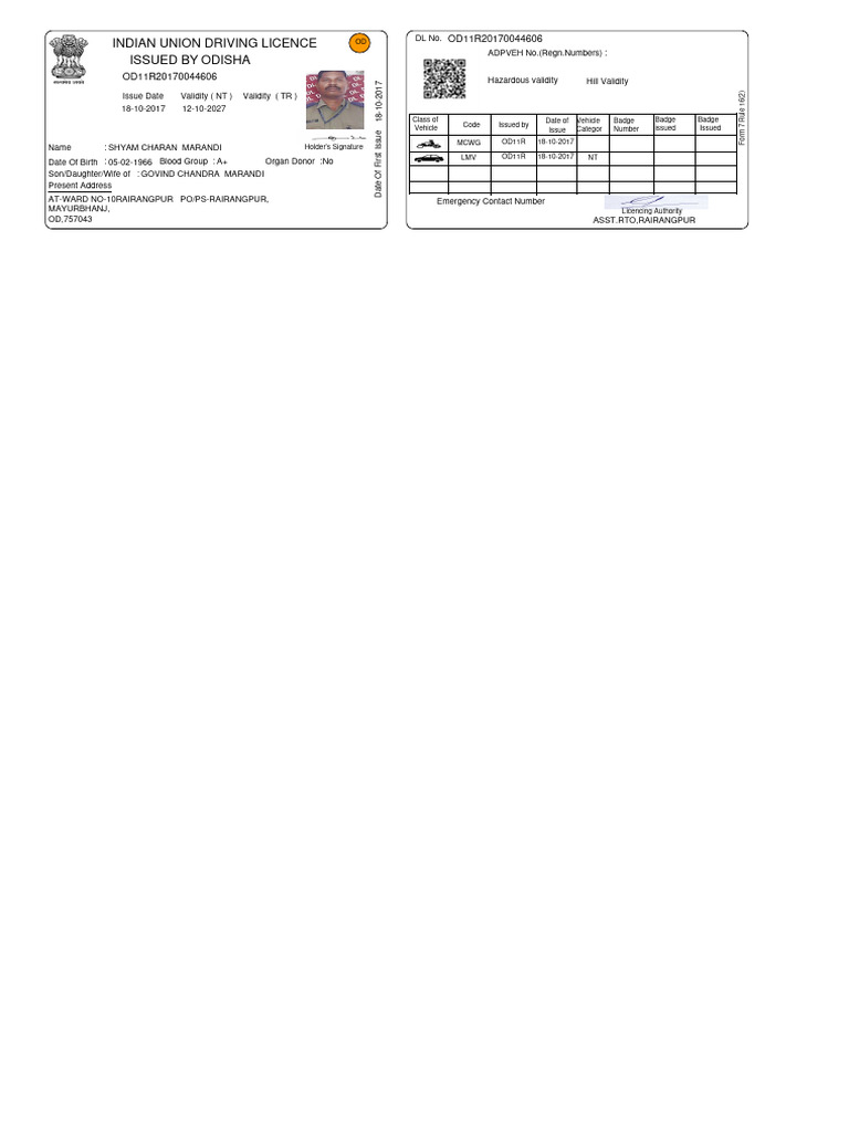 Indian Union Driving Licence Issued by Odisha | PDF | Transport ...