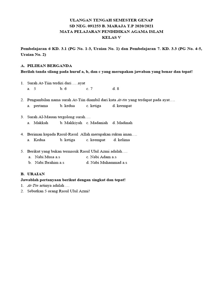 Soal UTS Agama Islam Kelas 5 | PDF