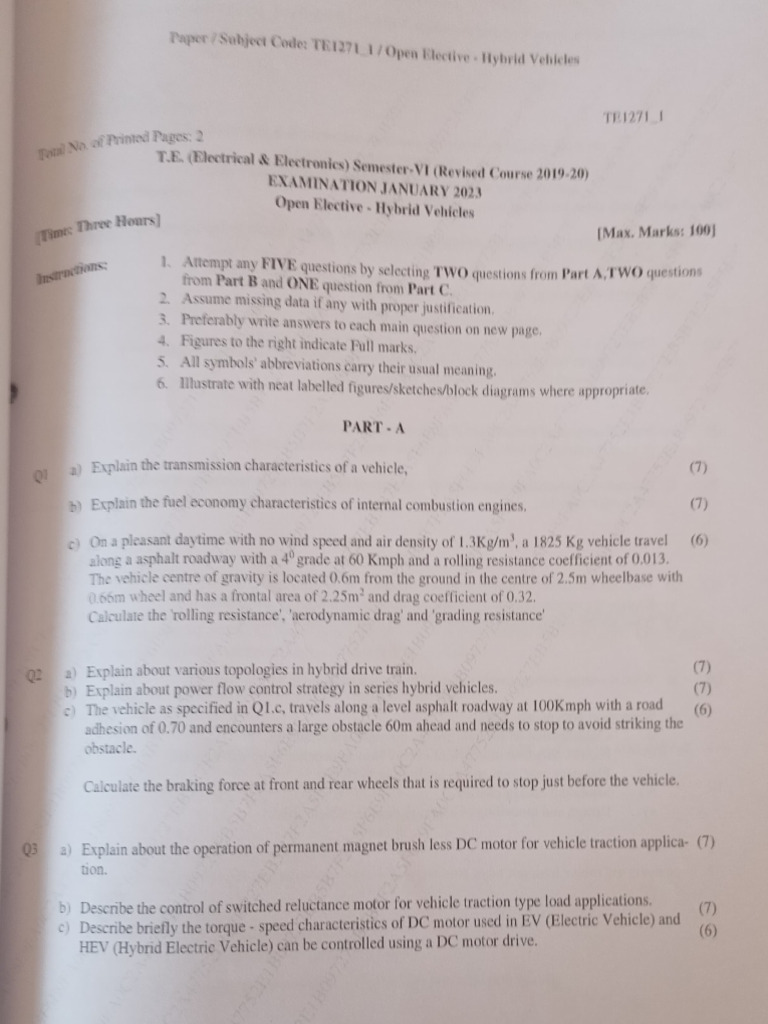 Hybrid Vehicles Examination Paper 2023 | PDF