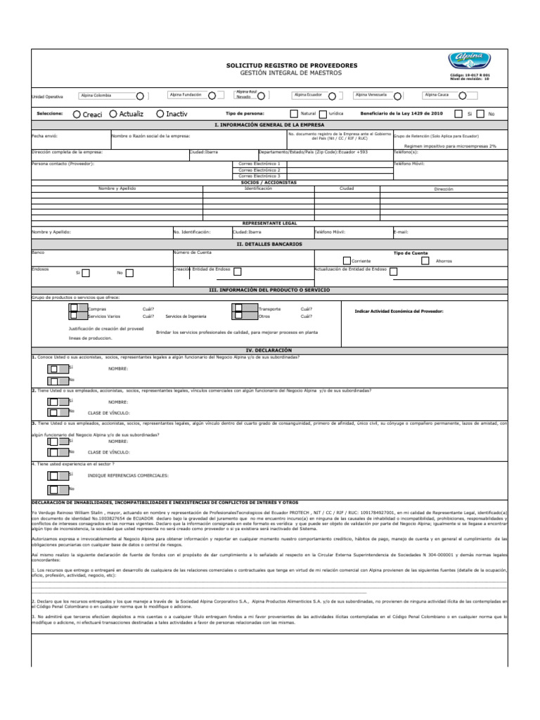 Formato de Creacion y Actualizacion de Proveedores Revision N. - 10 | PDF