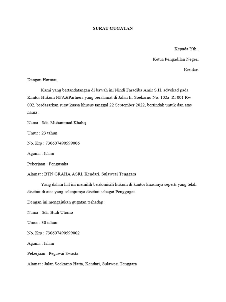 Surat Gugatan Perdata Nindi | PDF