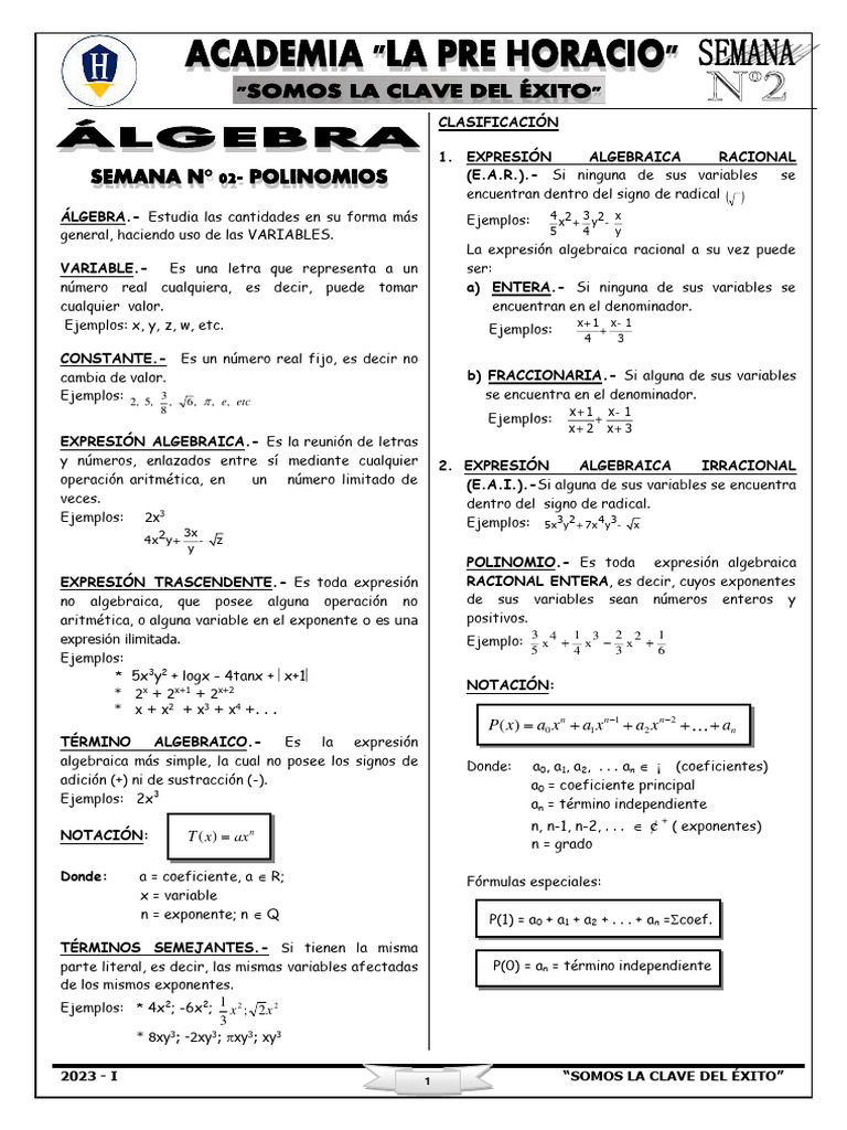 Algebra - Semana #02 - La Pre Horacio 2023 - I | PDF