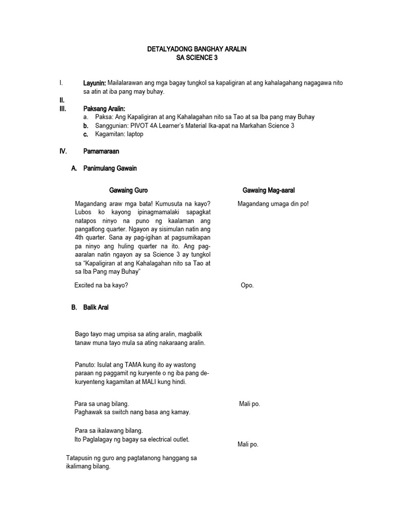 DETALYADONG BANGHAY ARALIN Sa SCIENCE 3 - COT 2 | PDF