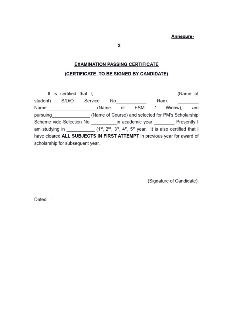 PMSS Annexure II: Exam Passing Certificate | PDF