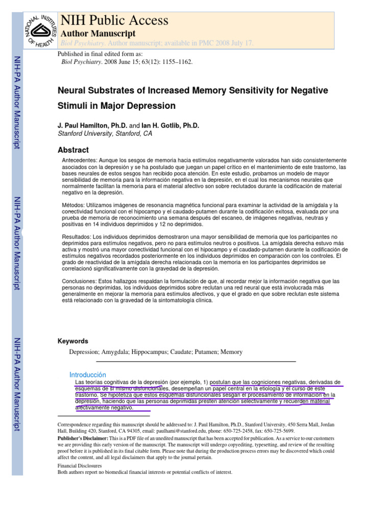 Hamilton Gotlib (2008) Neural substrates of memory bias in depression ...