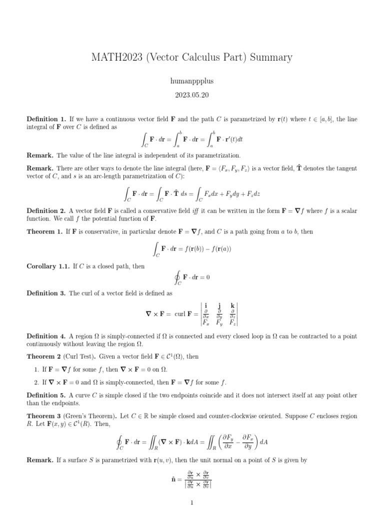 HKUST MATH2023 (Vector Calculus) Summary v1.3 | PDF | Flux | Divergence