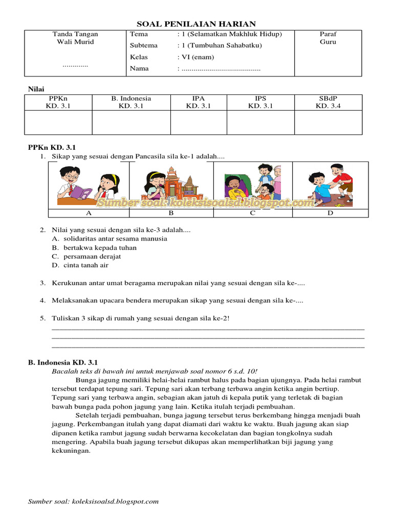 Soal Penilaian Harian Kelas 6 Tema 1 Subtema 1 | PDF