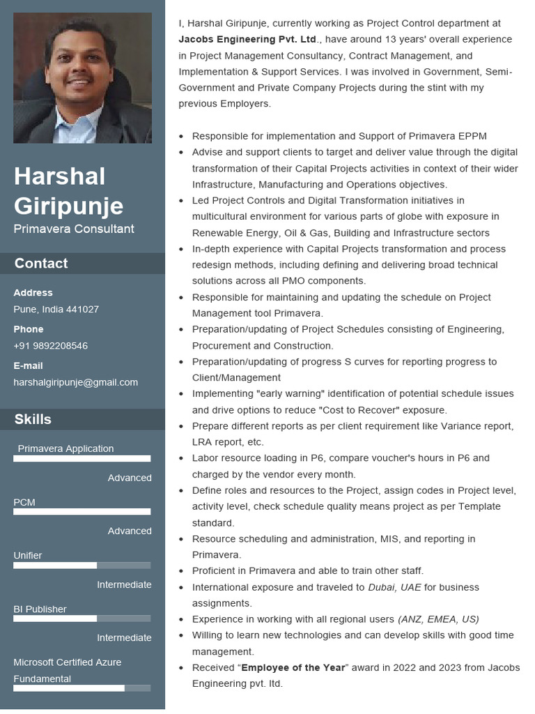 Harshal Giripunje Project Control Resume | PDF