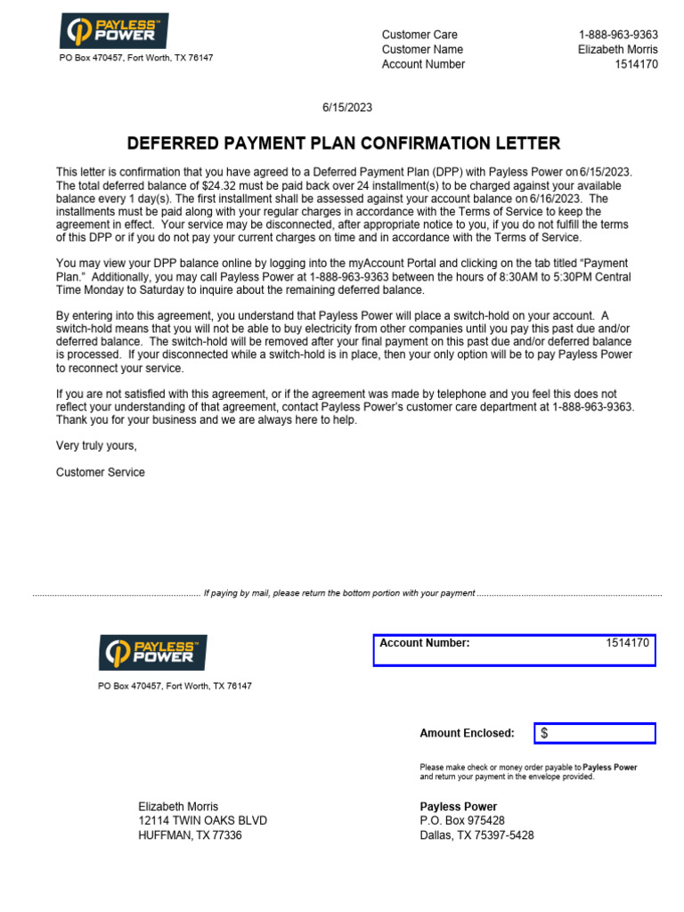 Deferred Payment Plan Confirmation Letter | PDF