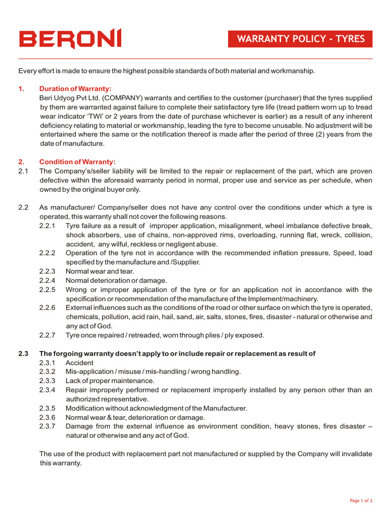 Beroni_Tyres Warranty Policy | PDF | Tire | Legal Liability