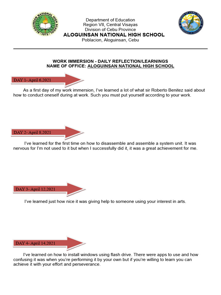 Work Immersion Daily Reflection | PDF
