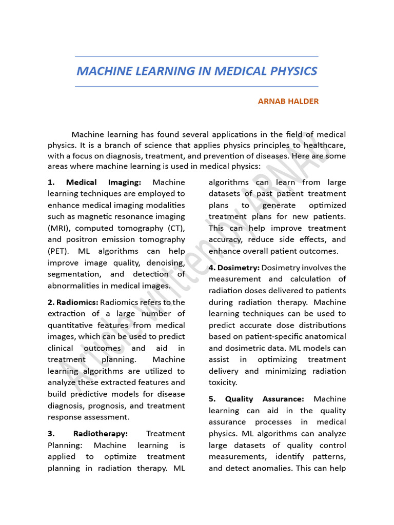 Machine Learning in Medical Physics Advantages & Limitations by ARNAB | PDF | Machine Learning ...