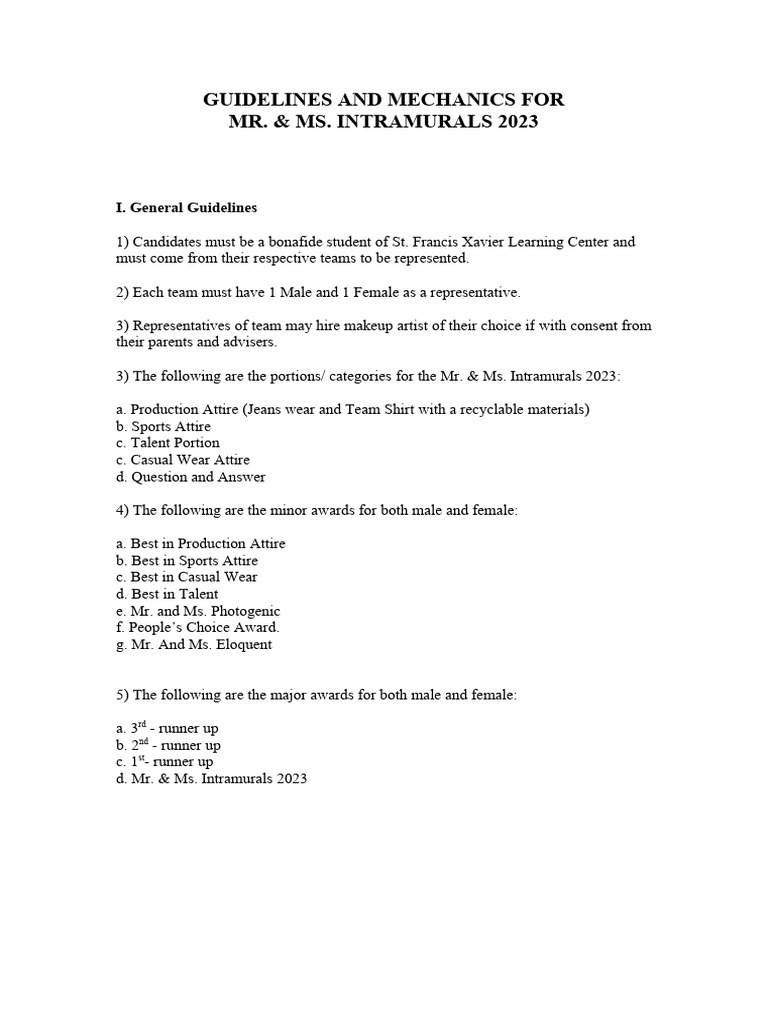 MR and Ms. Intrams Guidelines | PDF