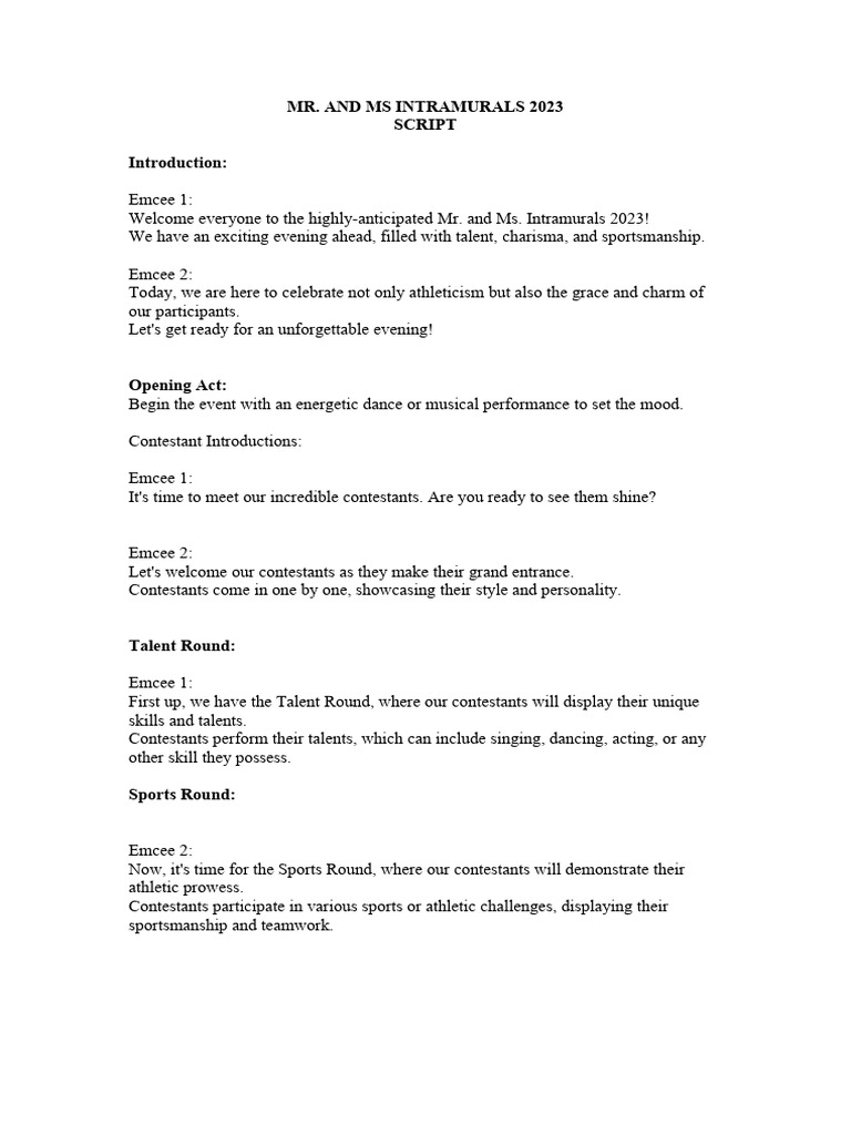 MR and Ms. Intrams 2023 - Script | PDF