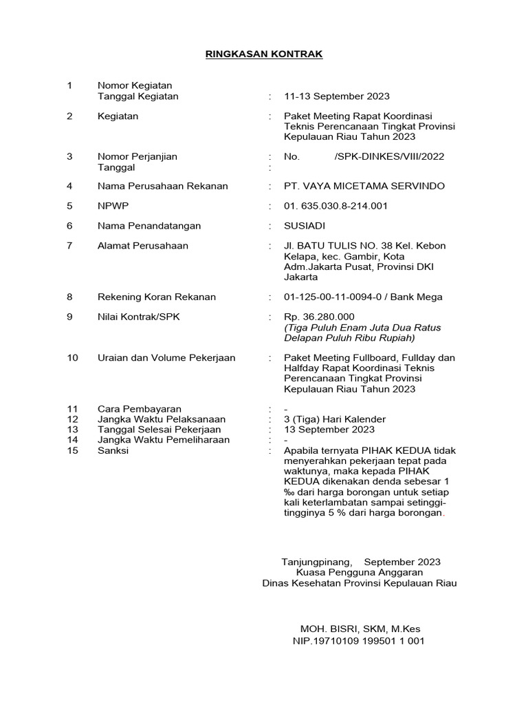 Ringkasan Kontrak | PDF