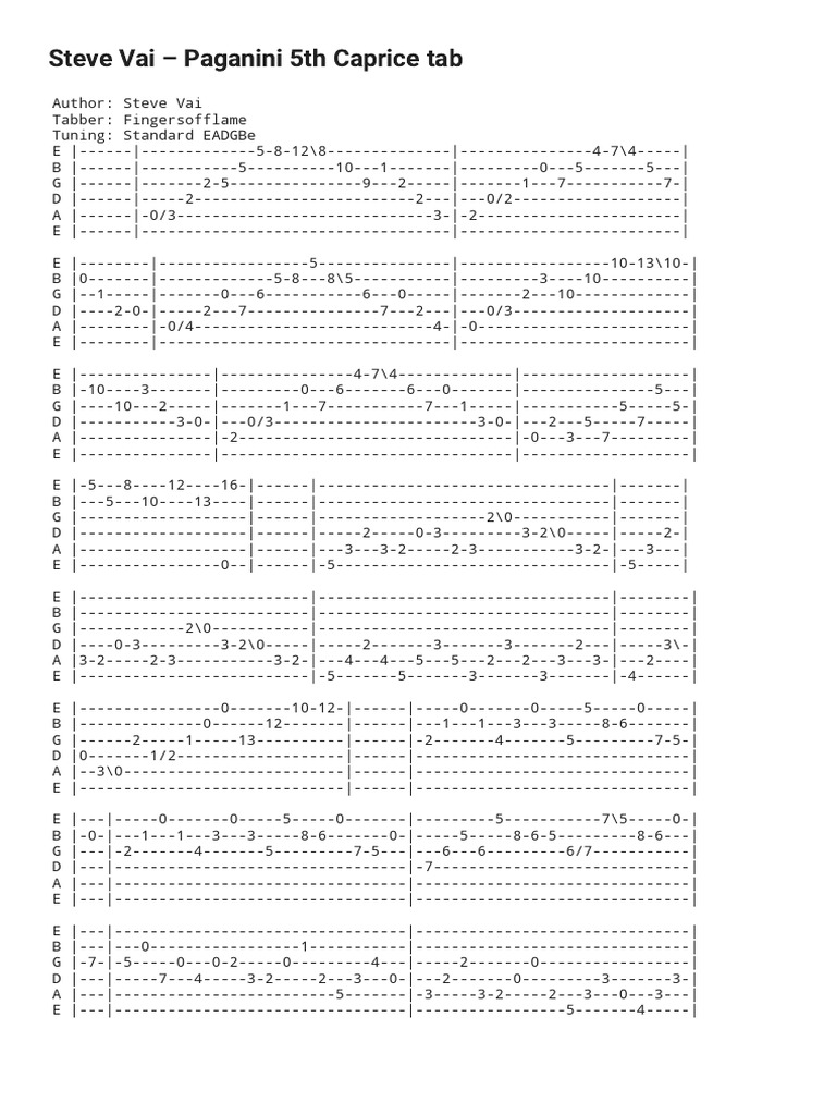 Paganini 5th Caprice Tab With Lyrics by Steve Vai For Guitar at ...