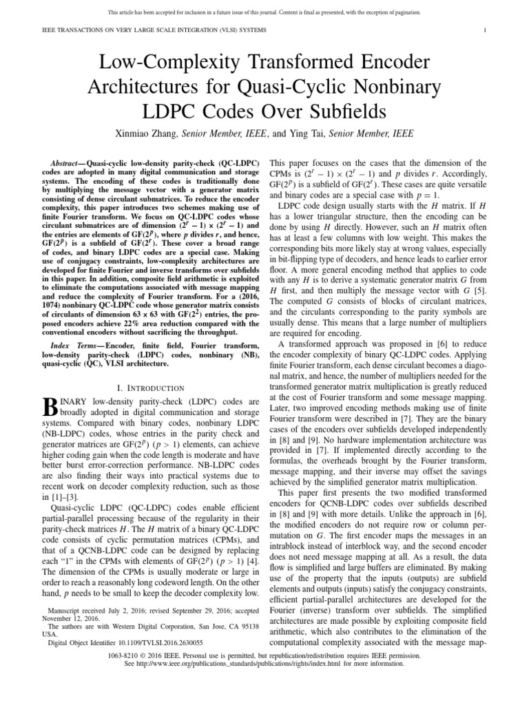 Low-Complexity Transformed Encoder Architectures For Quasi-Cyclic Nonbinary LDPC Codes Over ...